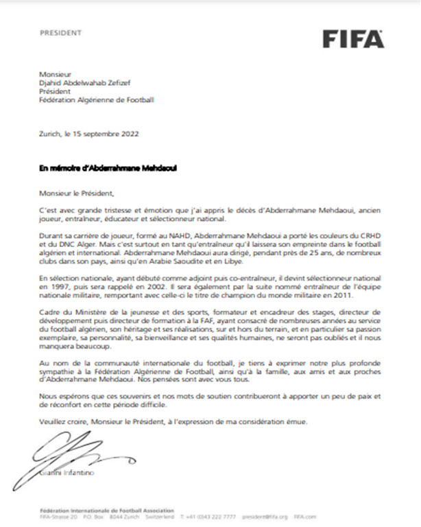 La FAF reçoit une lettre de Gianni Infantino